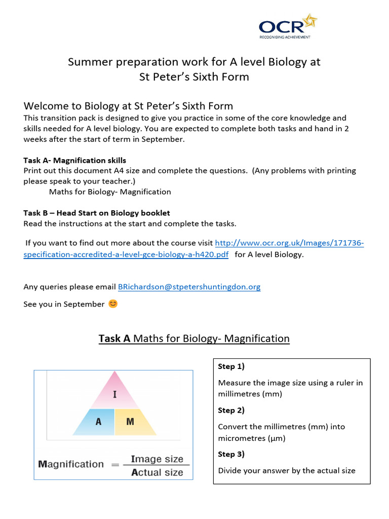 Biology Transition Tasks 2024-2025 | PDF
