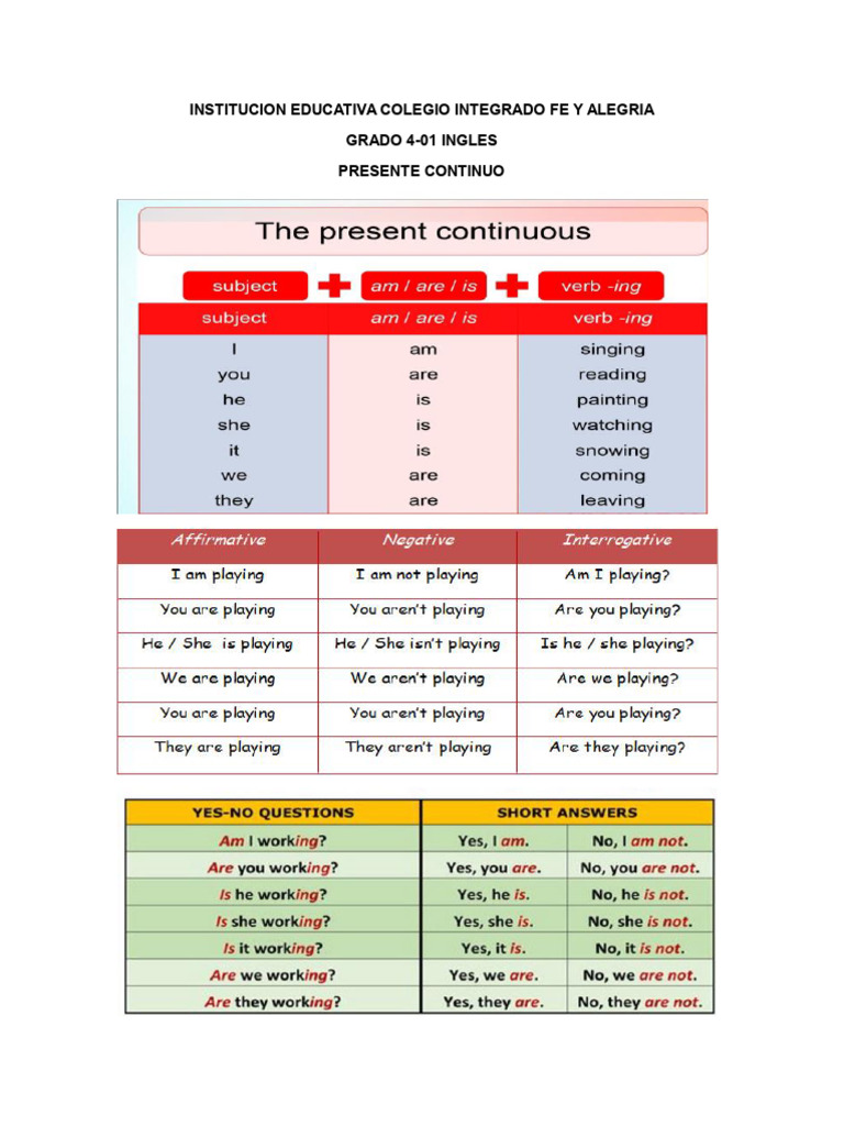Ingles Presente Continuo y Numeros Grado 4-01 | PDF