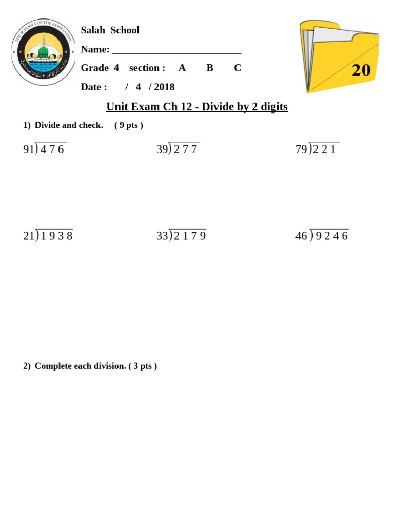 Unit Exam CH 12 - Divide by 2 Digits | PDF
