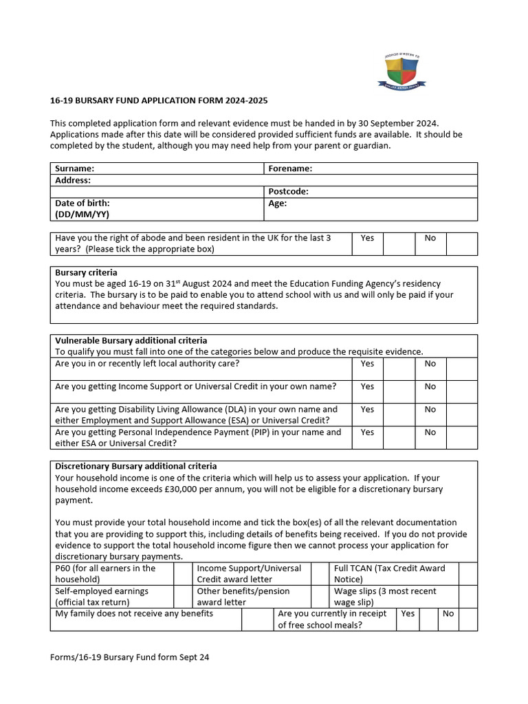 16-19 Bursary Fund Form Sept 2024 | PDF
