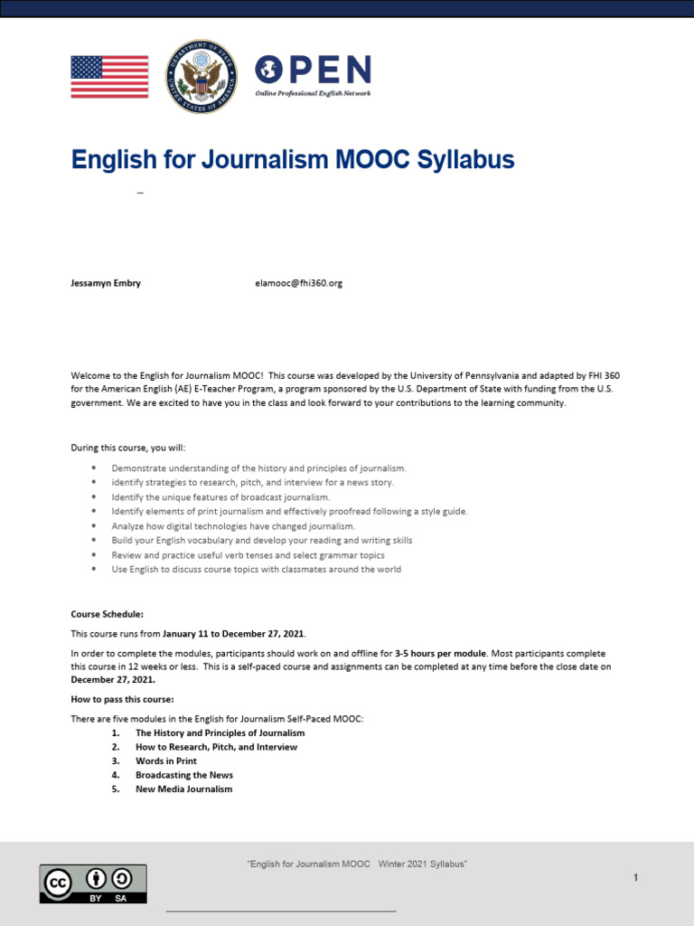 English for Journalism Syllabus 2021 | PDF