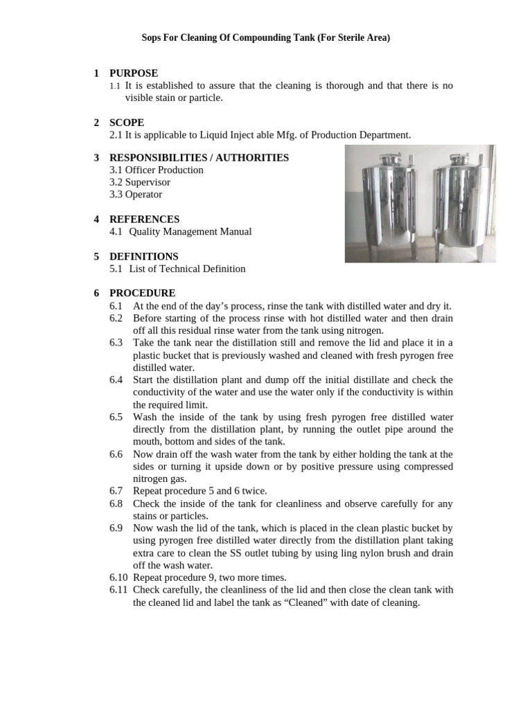 SOP For Cleaning of Compounding Tnaks (Sterile Area) | PDF