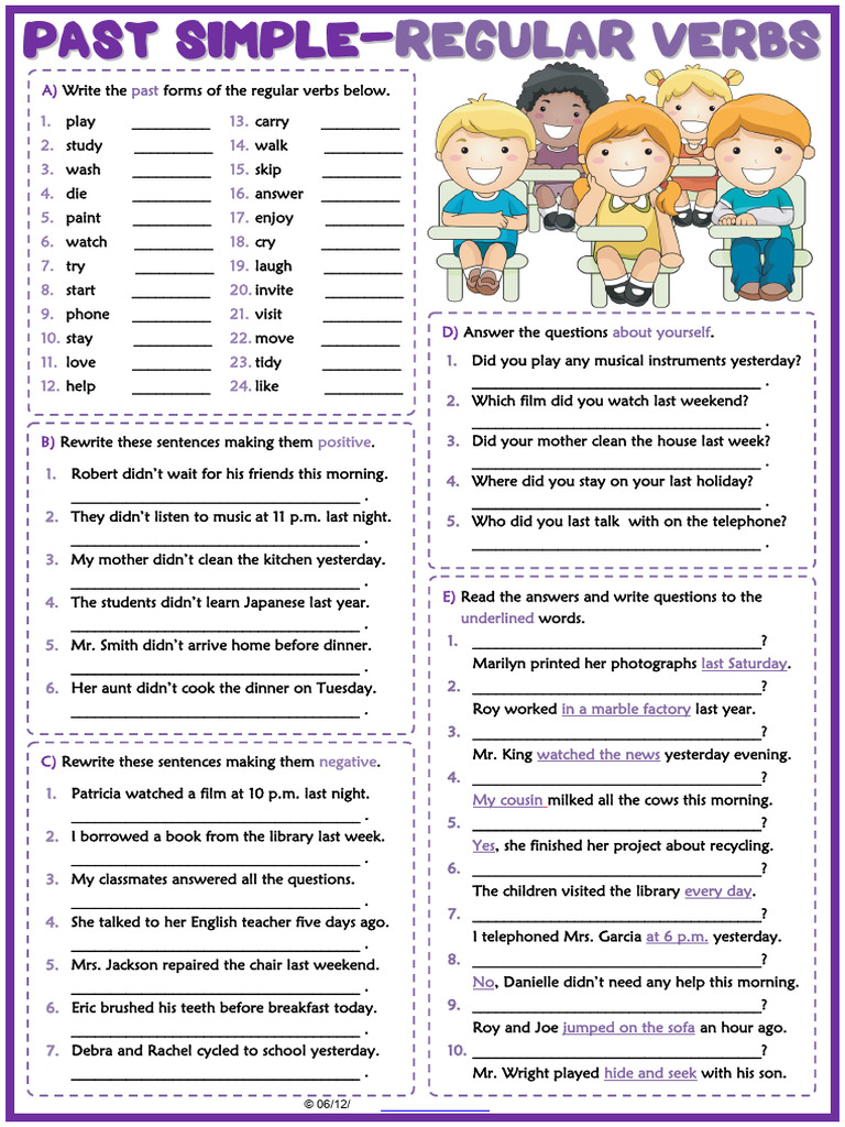 Past Simple Tense Regular Verbs Esl Printable Grammar Test Worksheet | PDF