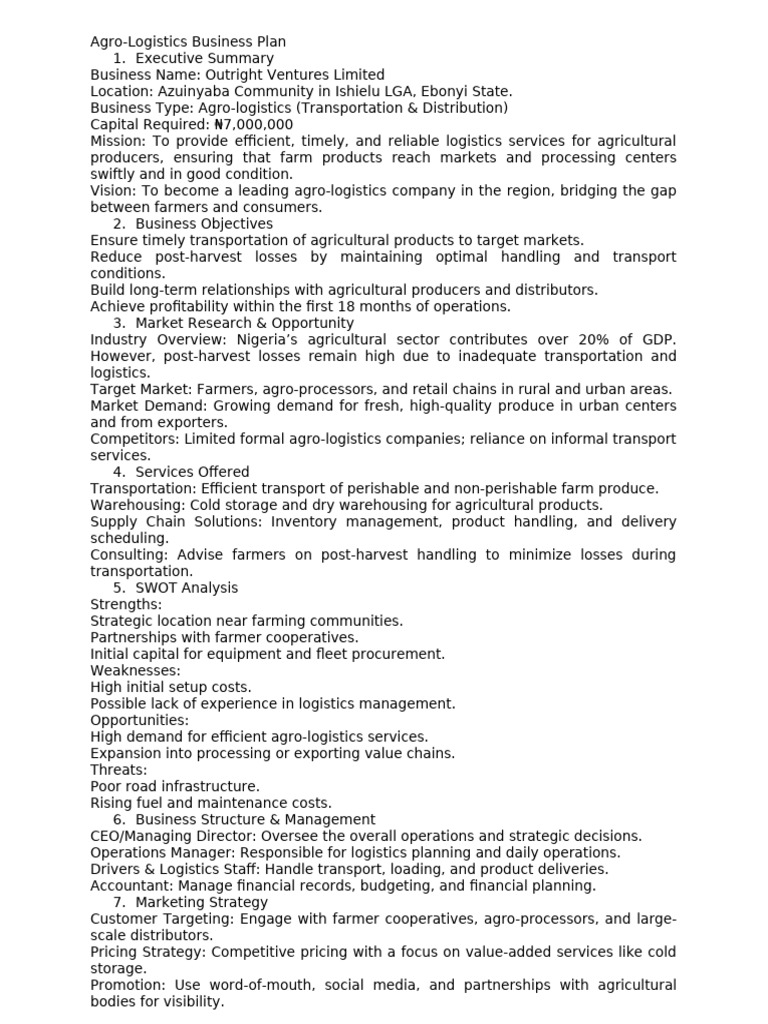 Agro-Logistics Business Plan | PDF