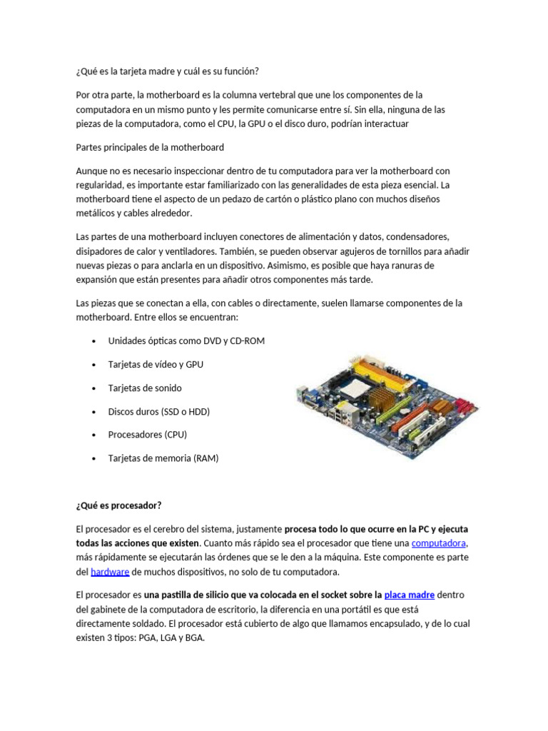 Qué es la tarjeta madre y cuál es su función | PDF