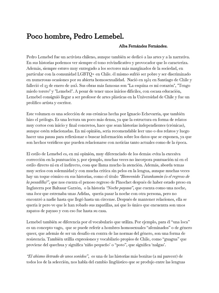 Poco Hombre, Pedro Lemebel. Alba Fernández F. | PDF