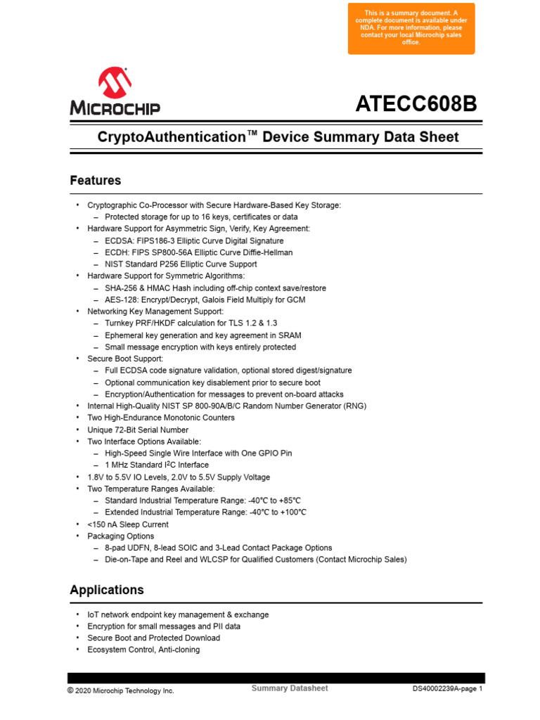 ATECC608B CryptoAuthentication Device Summary Data Sheet DS40002239A | PDF