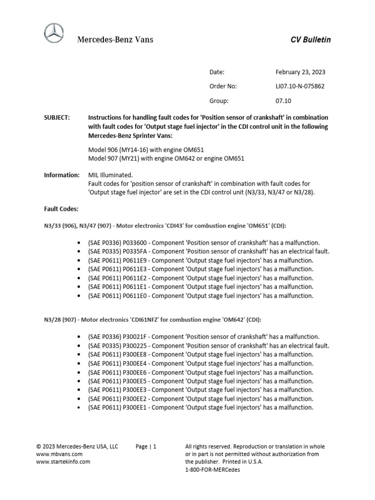 TSB Mercedes-Benz Sprinter Crankshaft Sensor Plausibility Check Fuel ...