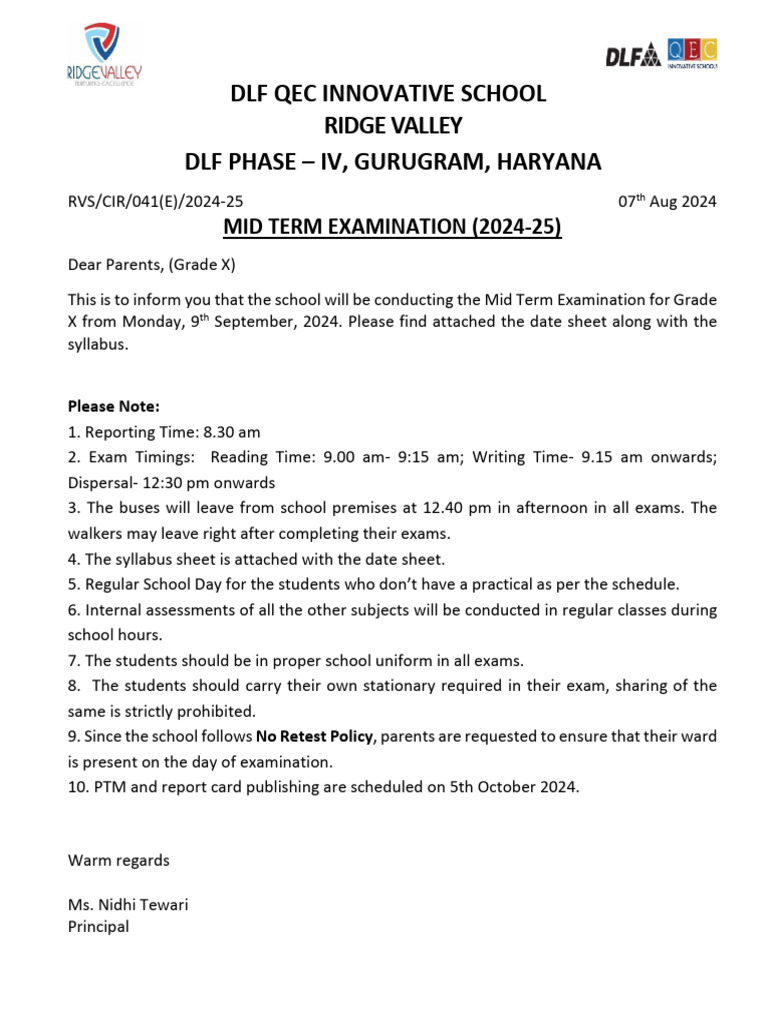 Datesheet and Syllabus X Mid Term Examination 202425 | PDF
