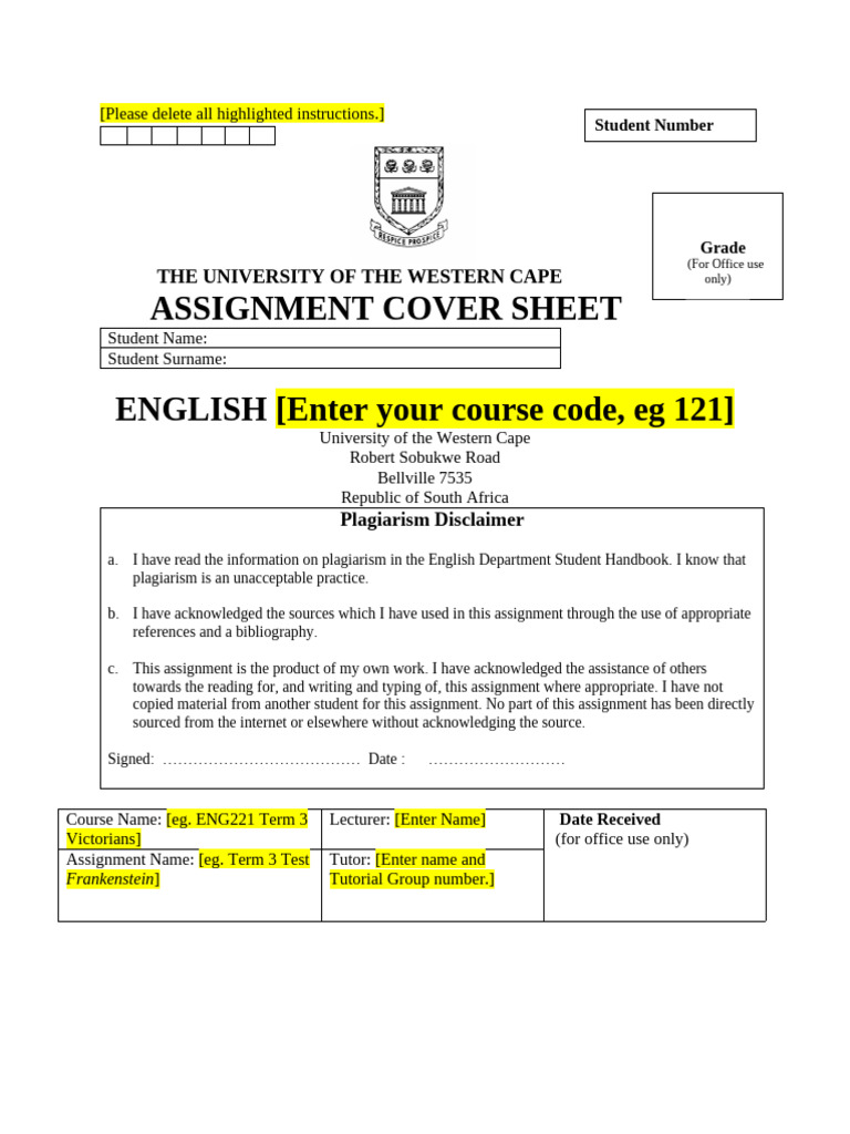UWC Assignment Cover Sheet Template | PDF