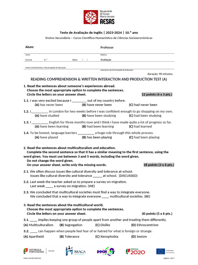 10I Reading Comprehension Test Unit 1 A | PDF