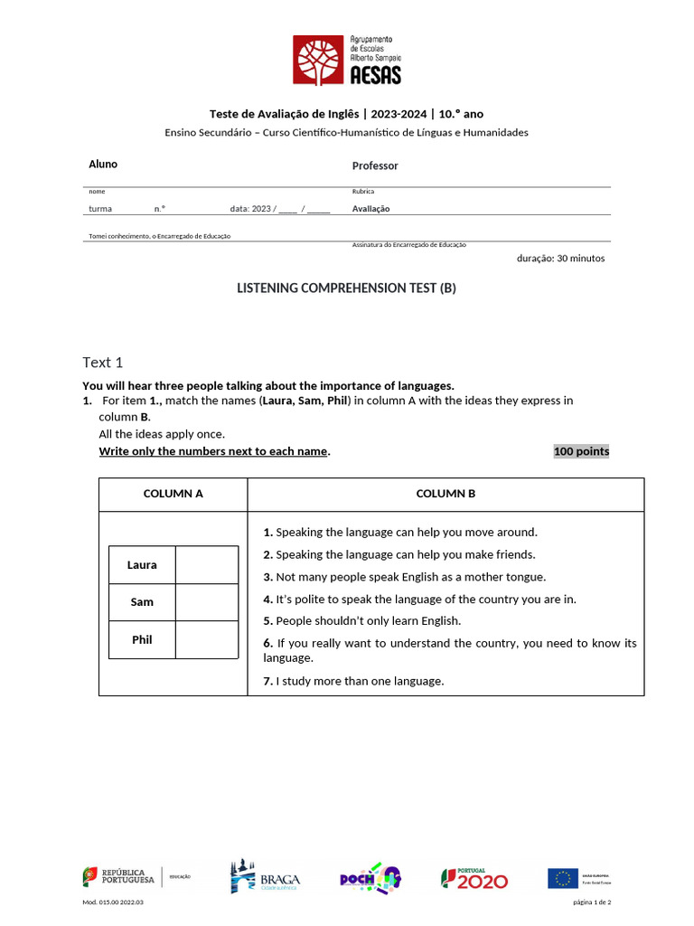 10L Listening Comprehension Test Unit 1 B | PDF