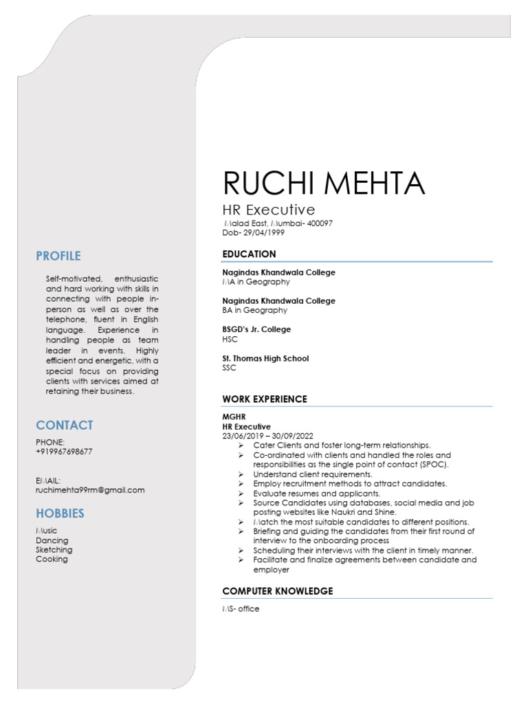 RUCHI MEHTA HR Profile | PDF