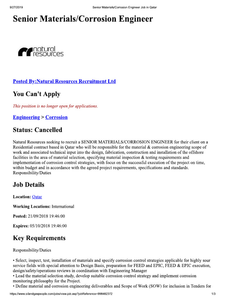 NR-SR Materials and Corrosion Engineer | PDF