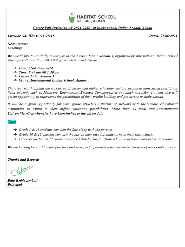 Circular 41 - Career Fair Invitation AY 2024-2025 - at International Indian School, Ajman | PDF