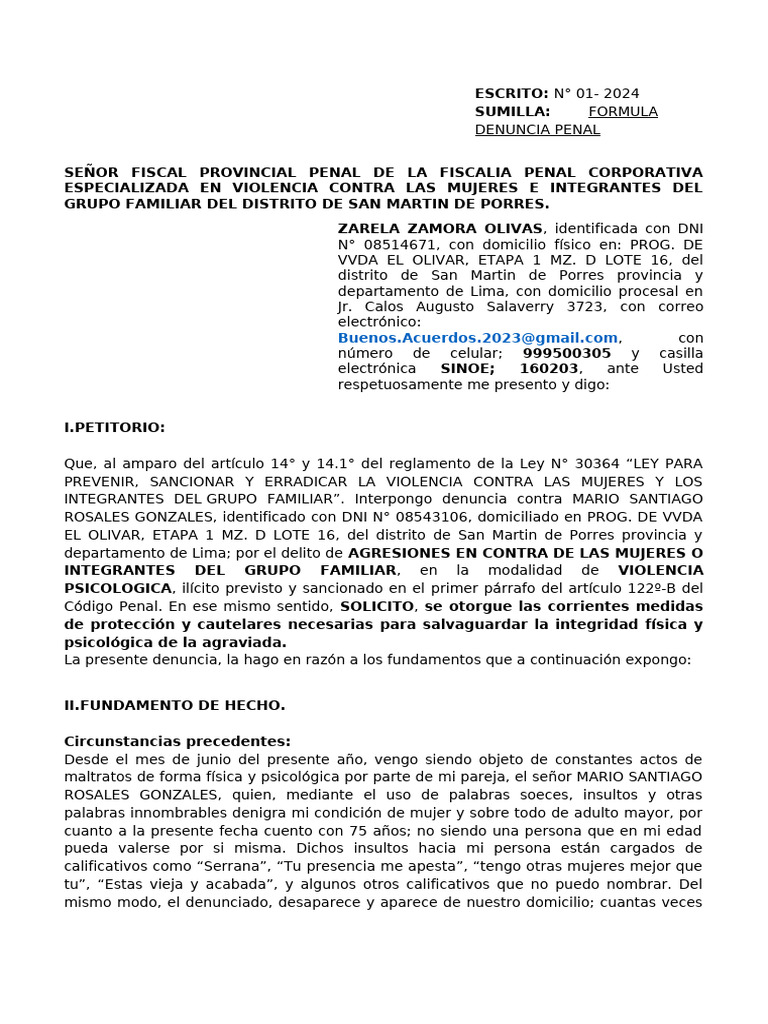 Escrito - Denuncia de Violencia Psicologica | PDF