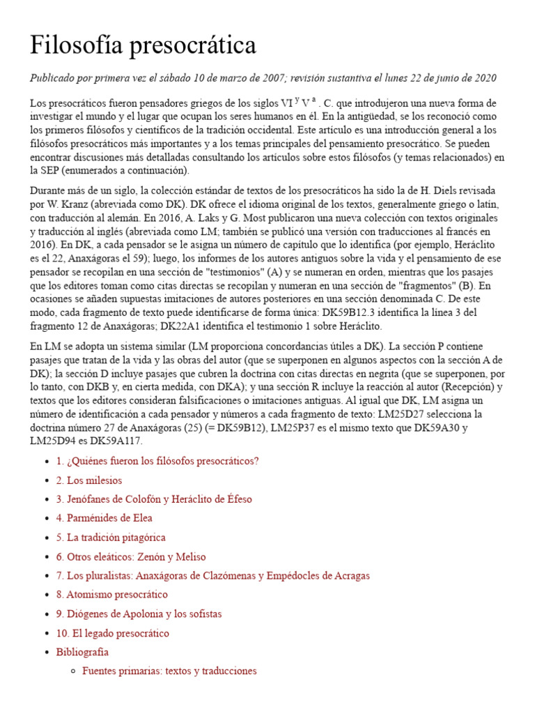 Filosofía Presocrática (Enciclopedia de Filosofía de Stanford) | PDF