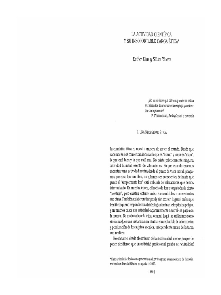 La Actividad Cientifica y Su Insoportable Carga Ética - Diaz y Rivera | PDF
