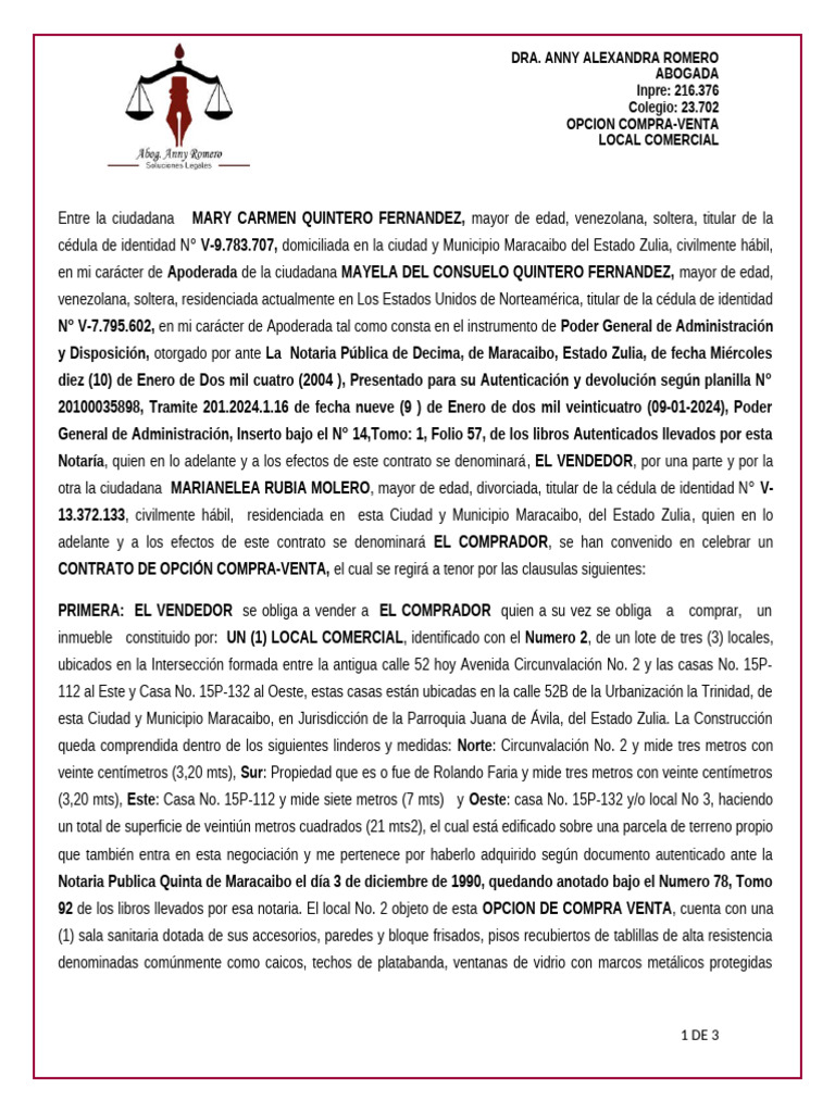 Opcion Compra Venta Inmueble Local No. 2 Marianela Molero | PDF ...
