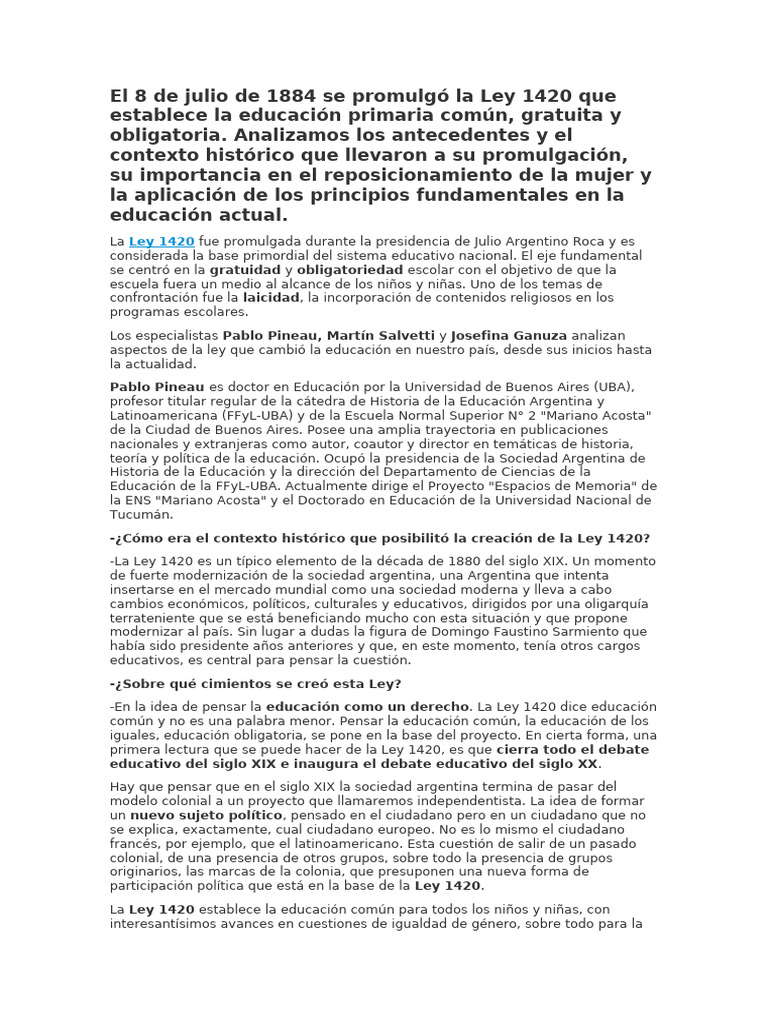 El 8 de Julio de 1884 Se Promulgó La Ley 1420 Que Establece La Educación Primaria Común | PDF