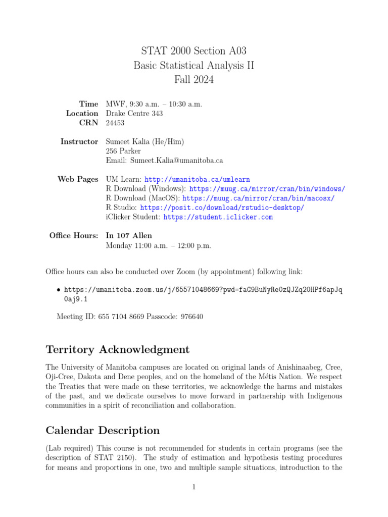 STAT 2000 Course Outline Fall 2024 A03 | PDF