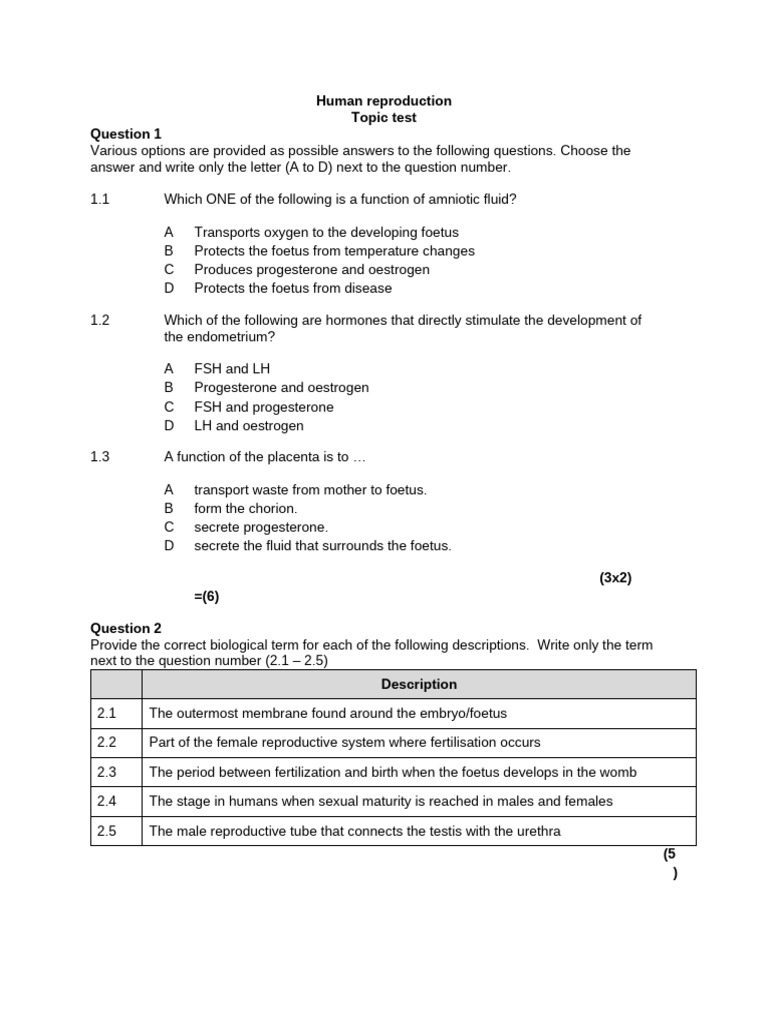 Human Reproduction Topic Test | PDF