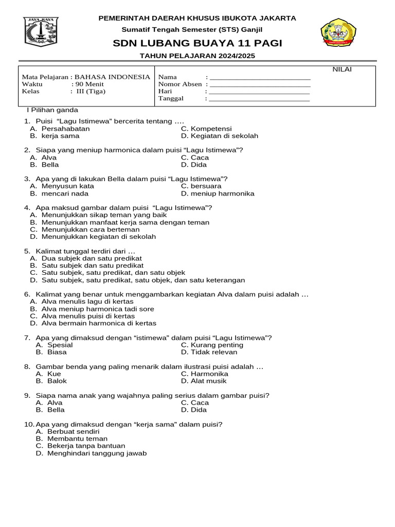 Soal Pss Bhs Indonesia Kelas 3 | PDF