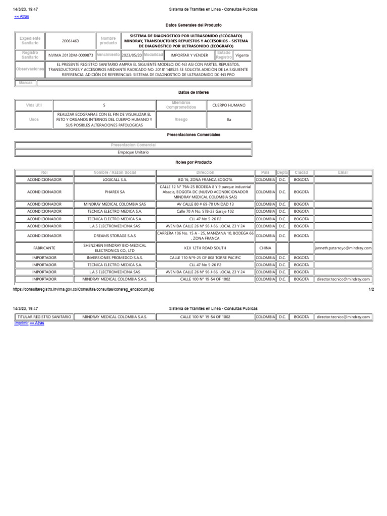 Registro Sanitario Mindray CD N3 | PDF