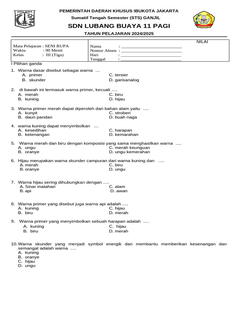 Soal Pss I Seni Rupa Kelas 3 | PDF