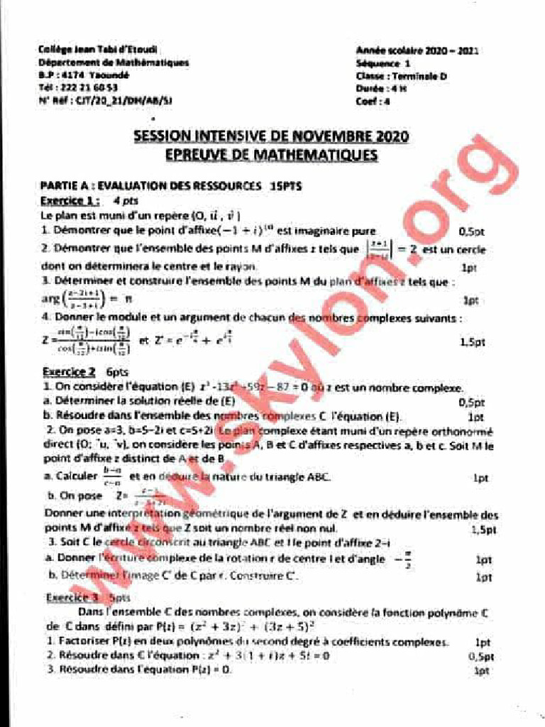 Mathematiques-Collège Jean Tabi-Terminale D-2021 Cameroun | PDF