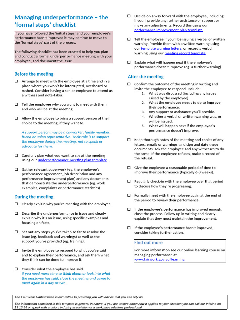Managing Underperformance Formal Steps Checklist | PDF