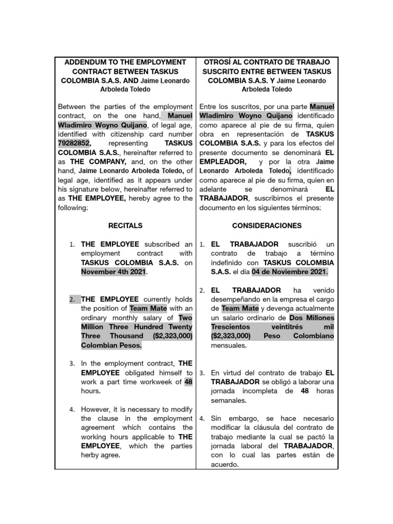 Colombia - Employment Schedule Reduction Contract Amendment Jaime ...