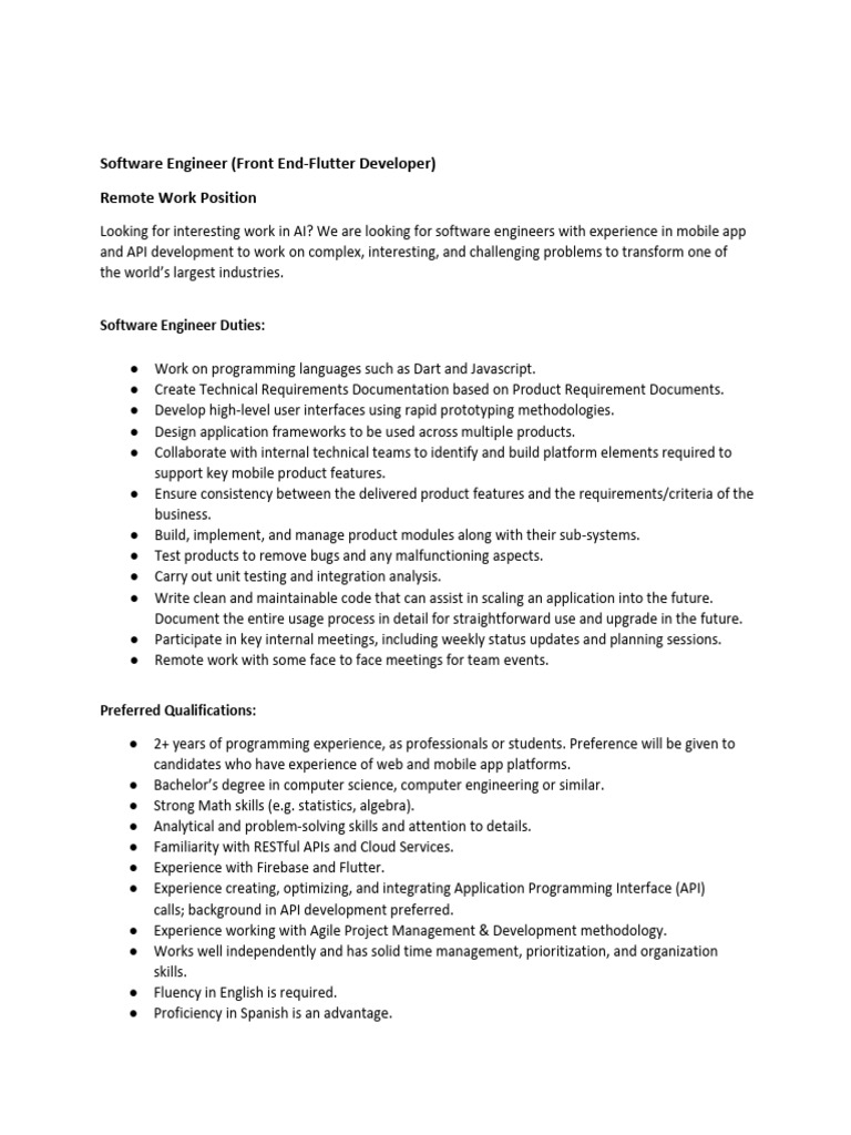 2024 - Software Engineer (Front End-Flutter Dev) - Job Description - Vfinal | PDF