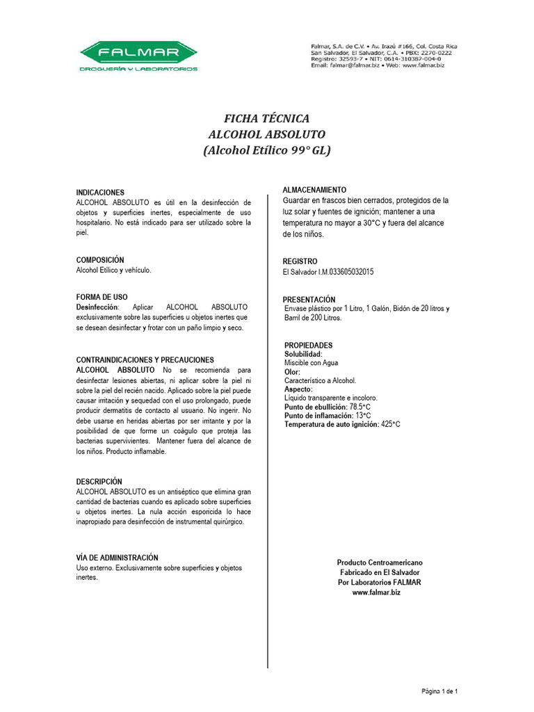Ficha Tecnica Alcohol Absoluto | PDF