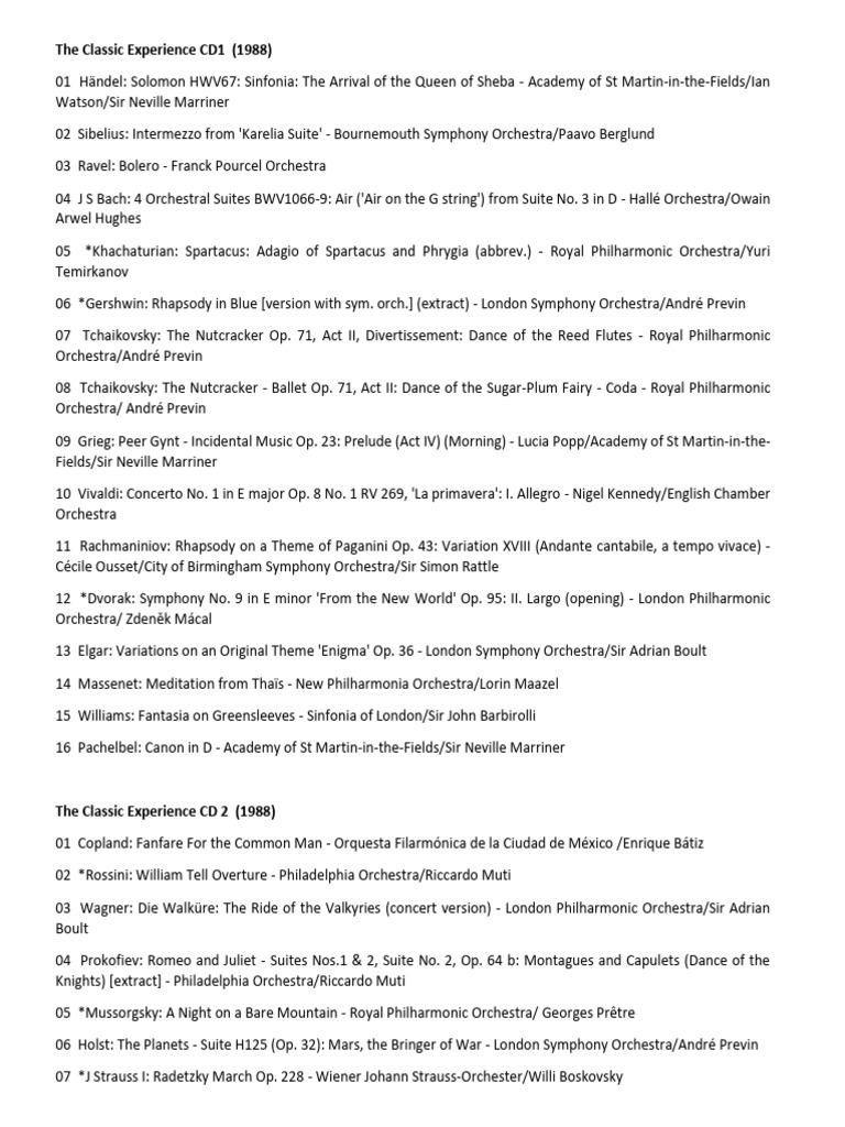 The Classic Experience Playlist | PDF | Suite (Music) | Orchestras