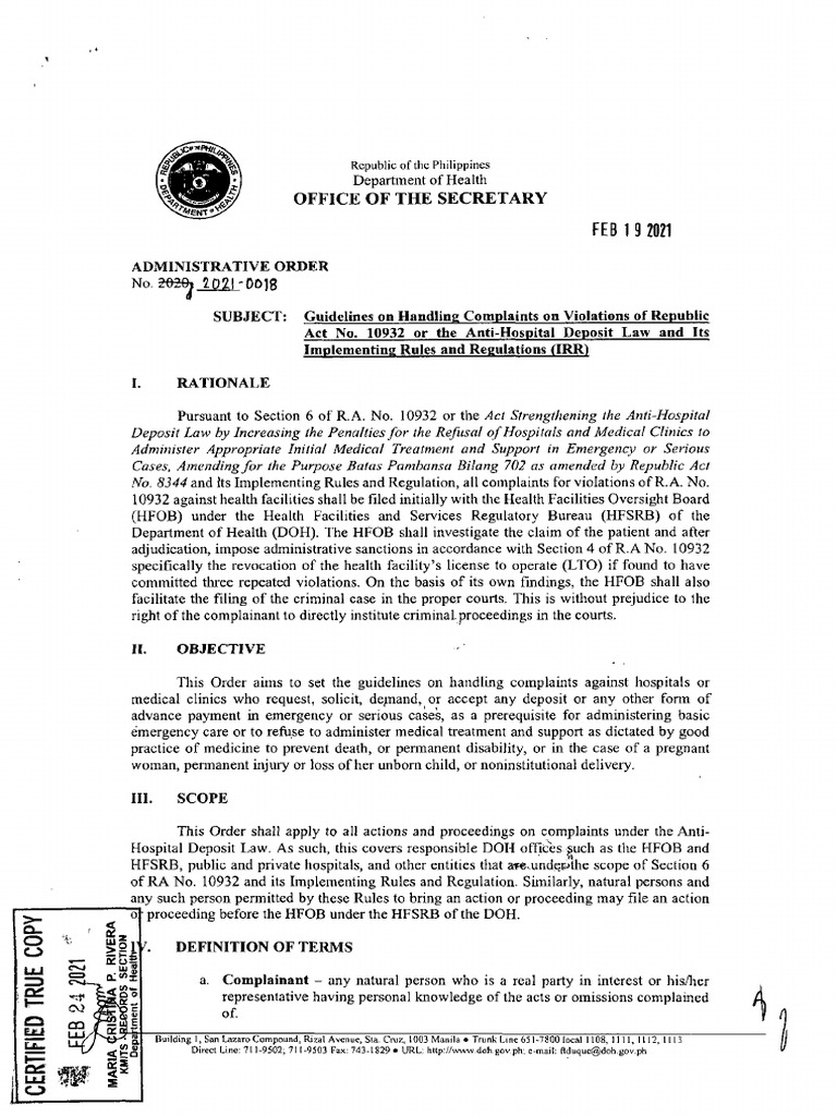 DOH Administrative Order No 2021 0018 | PDF