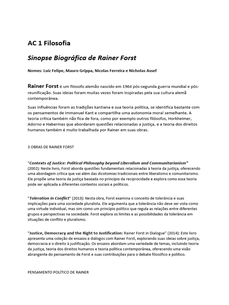 AC 1 Filosofia Sinopse Biográfica de Rainer Forst | PDF