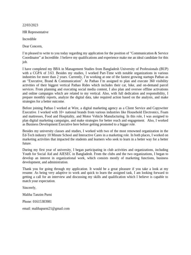 Cover Letter of Maliha Tanzim Purni | PDF