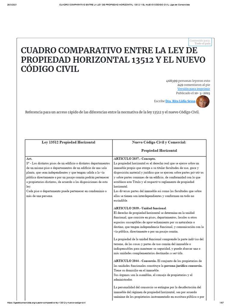 CUADRO COMPARATIVO ENTRE LA LEY DE PROPIEDAD HORIZONTAL 13512 Y EL ...