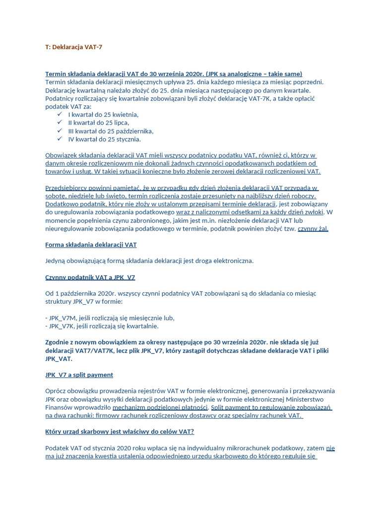 Deklaracja VAT 7 I JPK | PDF