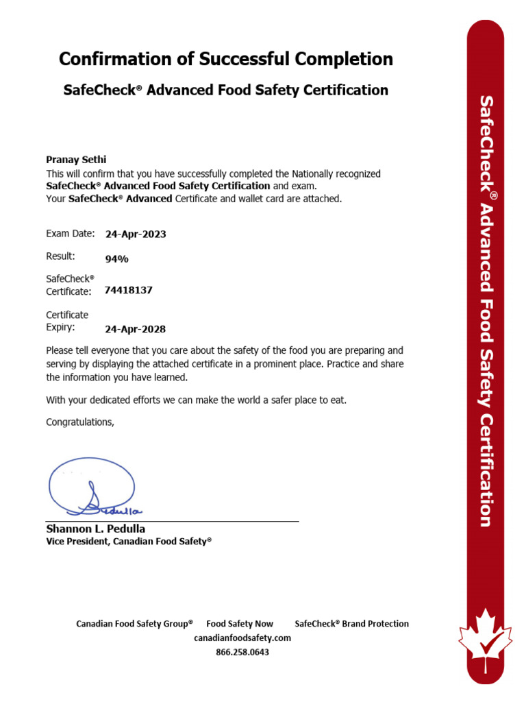 Confirmation of Successful Completion: Safecheck Advanced Food Safety ...