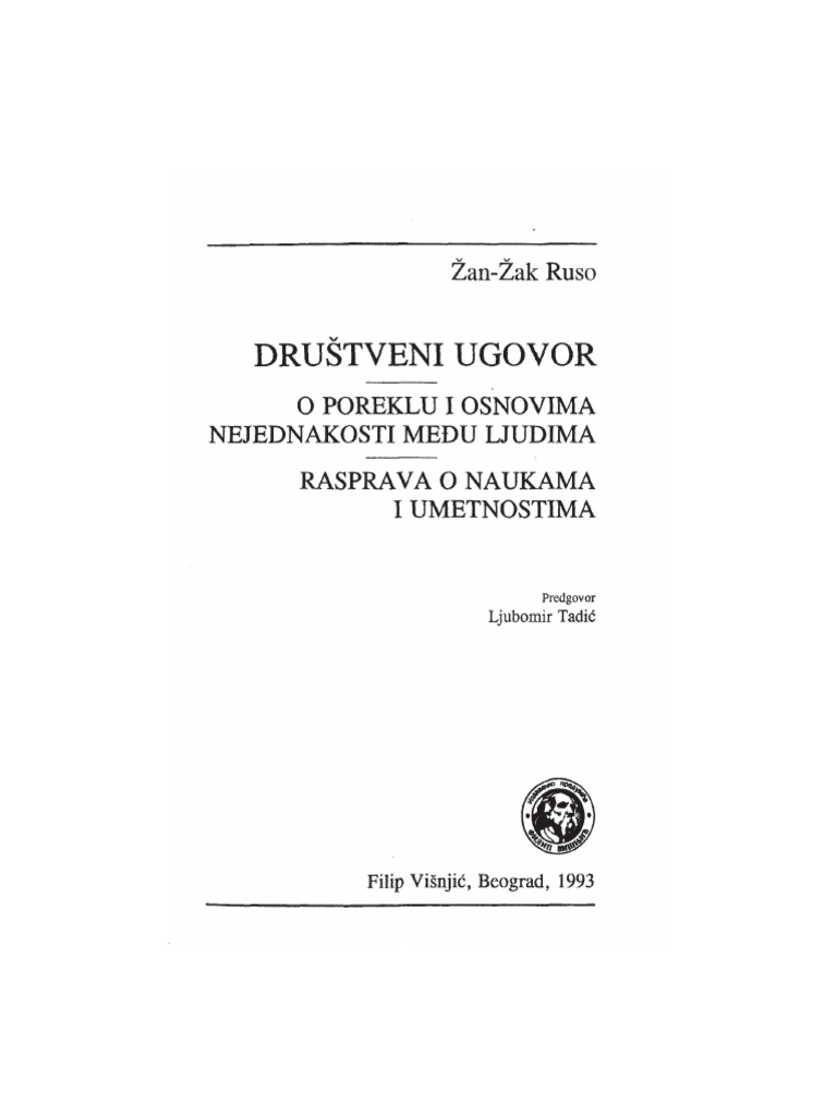 Žan-Žak Ruso - Društveni Ugovor - O Poreklu I Osnovama Nejednakosti Među Ljudima-Prosveta (1949 ...