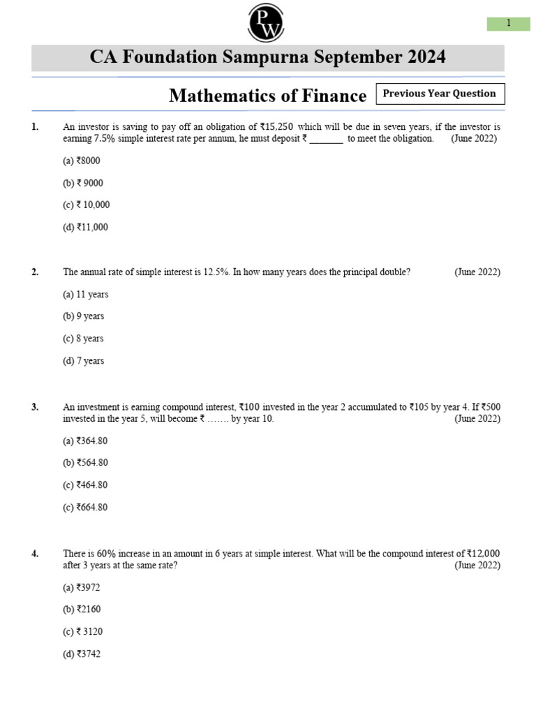 PYQ - Mathematics of Finance | PDF | Interest | Present Value