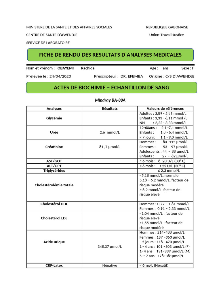 Fiche de Rendu Des Resultats D'Analyses Medicales | PDF