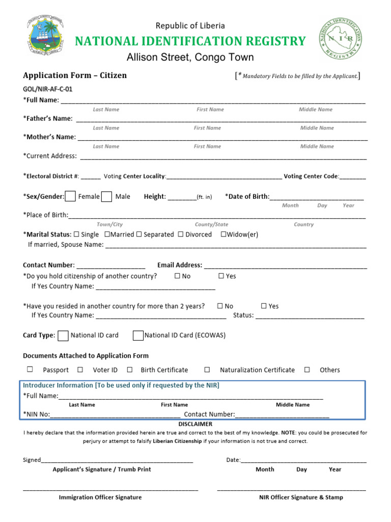 Liberia Citizenship Application Form | PDF | Identity Document | Politics