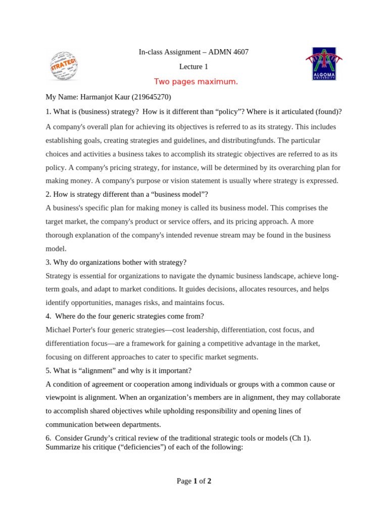 Class Assignment Lecture 1 ADMN 4607 | PDF | Strategic Management | Swot Analysis
