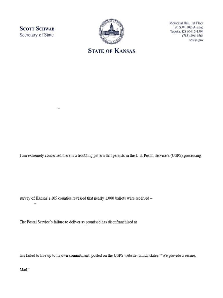 09 09 24 Secretary Schwab Letter To Postmaster Dejoy | PDF | United ...