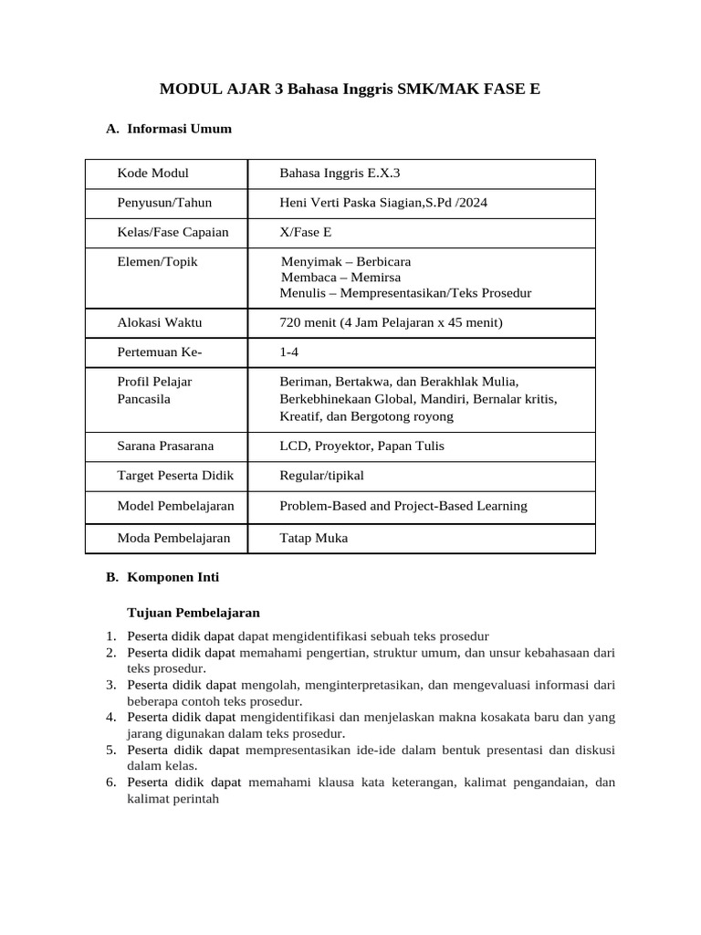 Modul Ajar - English - SMK-X - Unit 3 (1) (1) .Docx, Ganjil 2024 | PDF