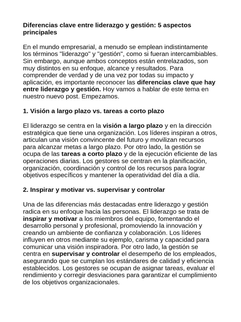 Diferencias Clave Entre Liderazgo y Gestión - 5 Aspectos Principales | PDF