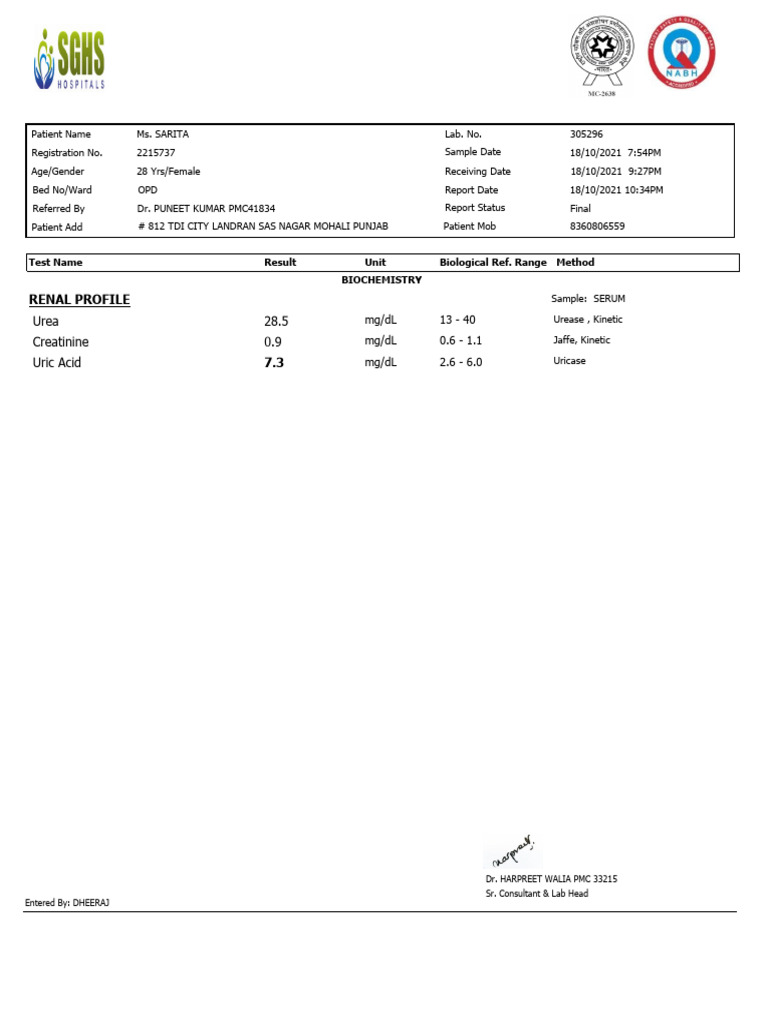 Renal Profile Biochemistry Report | PDF